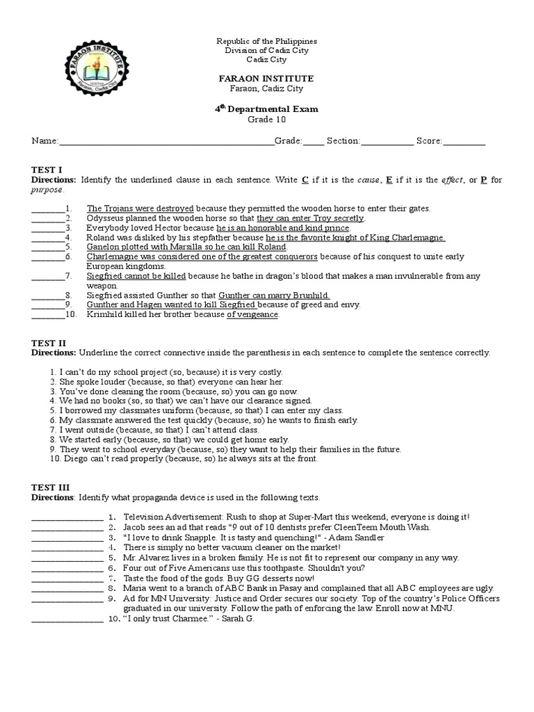 Grade 10 Name: - Grade: - Section: - Score | PDF Grade 10 Name: - Grade: - Section: - Score | PDF