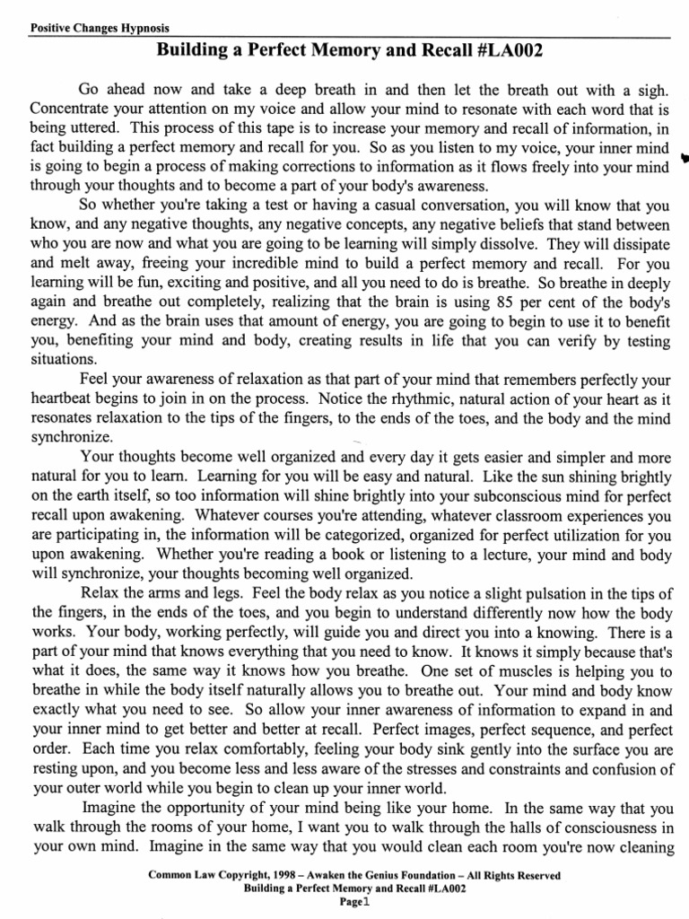 Hypnosis - Sample Hypnosis Script - Building A Perfect Memory and Recal ...