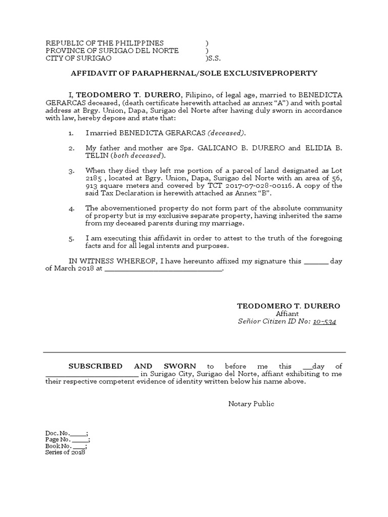 Affidavit of Paraphernal - Sole Exclusive Property | PDF