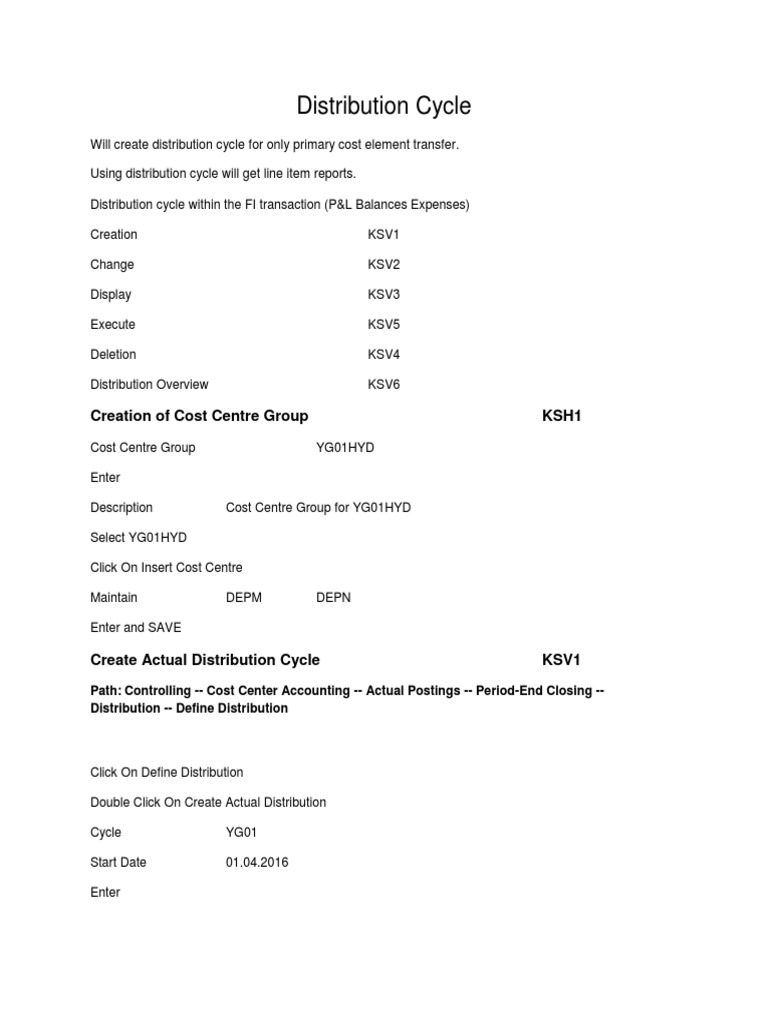 Distribution Cycle: Creation of Cost Centre Group Ksh1 | PDF | Cost ...