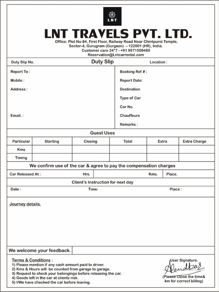 LNT - Duty Slip Format | PDF