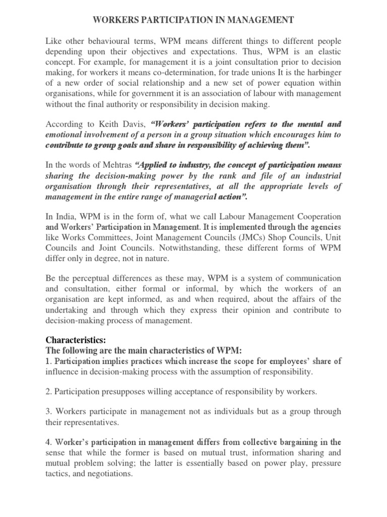 Workers Participation in Management: Characteristics | PDF | Corporate ...