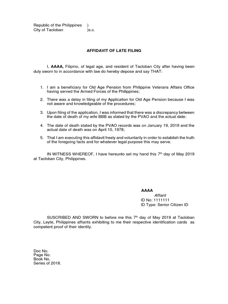 Affidavit of Late Filing Sample | PDF