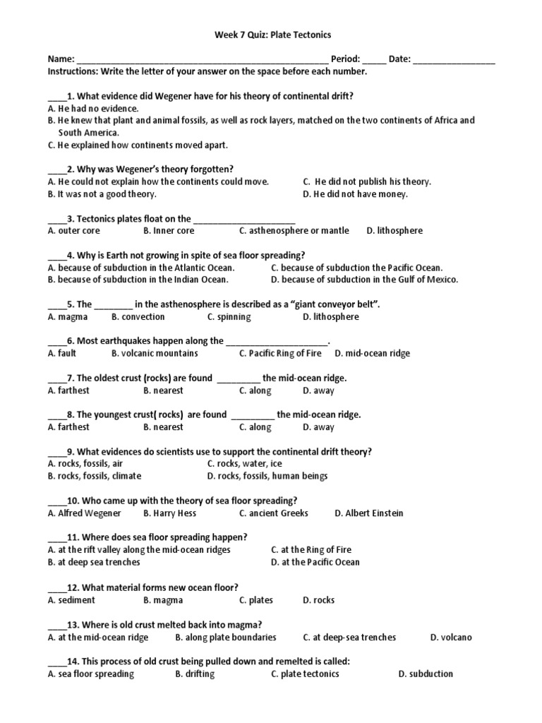 Plate Tectonics Quiz: Week 7 | PDF | Plate Tectonics | Global Natural ...