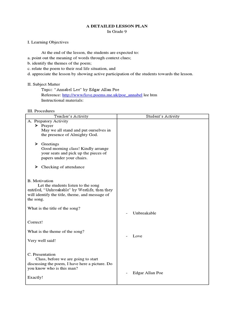A Detailed Lesson on Edgar Allan Poe's 'Annabel Lee': Teaching Grade 9 ...