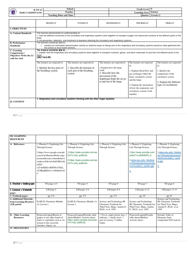 DLL Science Grade9 Quarter1 Week1 (Palawan Division) | PDF | Circulatory System | Respiratory System