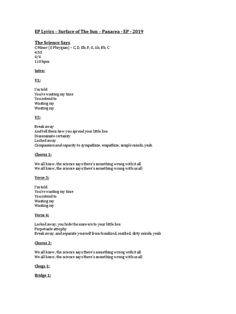 EP Lyrics - Surface of The Sun - Panacea - EP - 2019 The Science Says ...