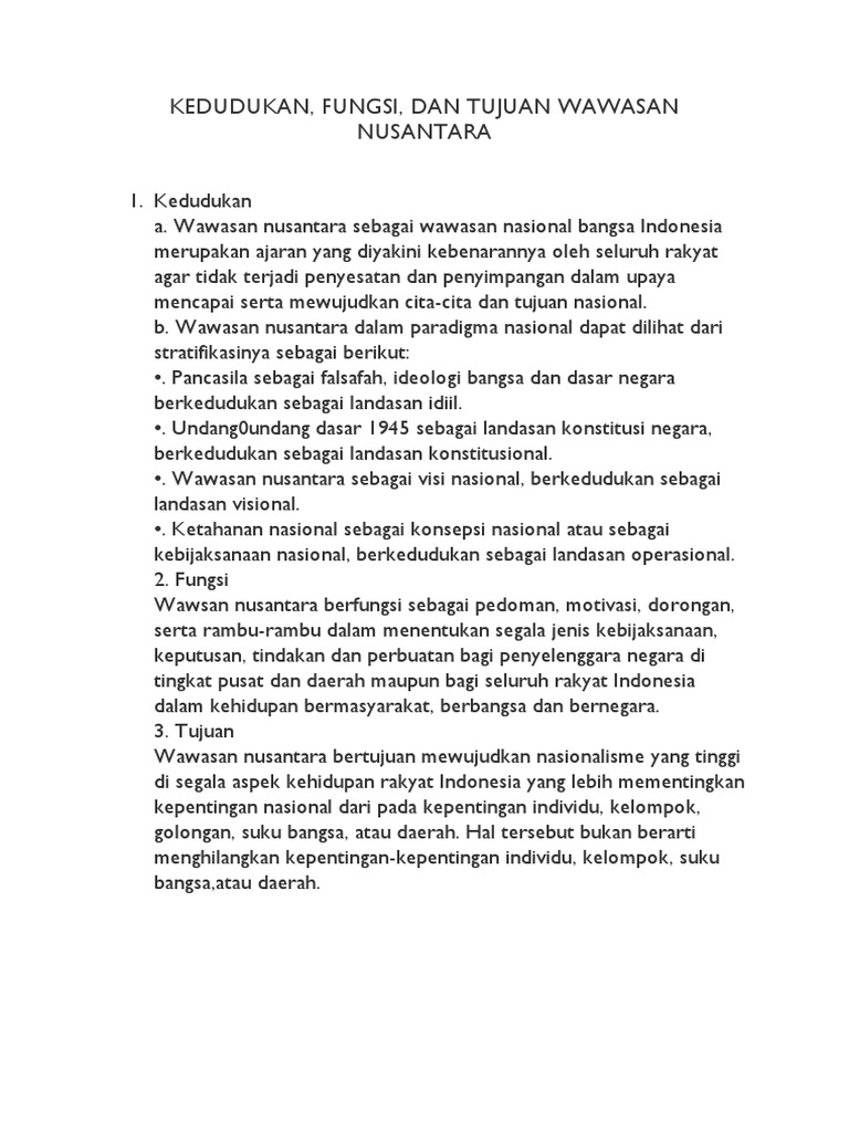 Kedudukan, Fungsi, Dan Tujuan Wawasan Nusantara | PDF
