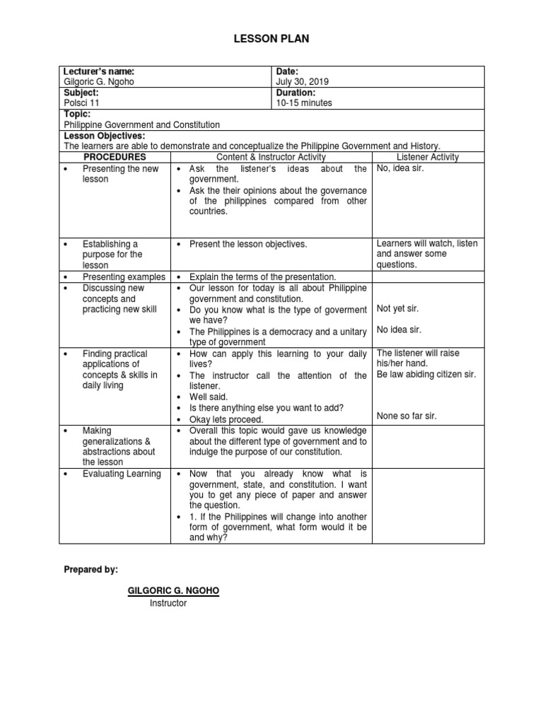 Lesson Plan: Lecturer's Name: Date: Subject: Duration: Topic: Lesson ...