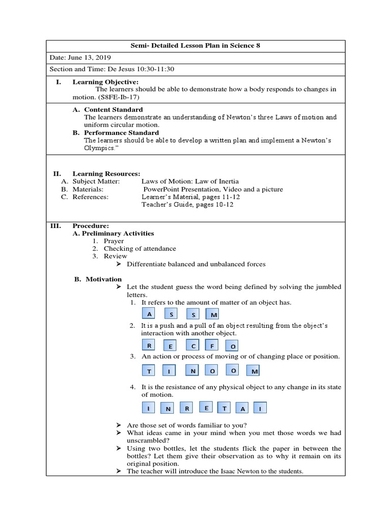Semi-Detailed Lesson Plan in Science 8: Isaac Newton To The Students ...