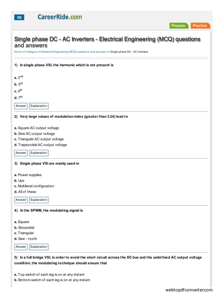 Single Phase DC - AC Inverters - Electrical Engineering (MCQ) Questions ...