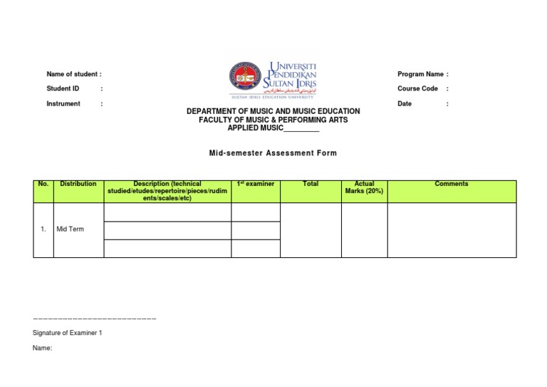 Mid-Semester Music Assessment Form | PDF