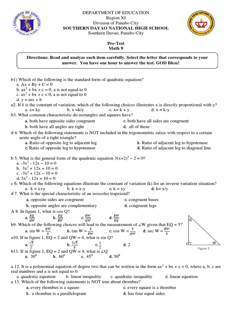 Pre-Test Math 9 | PDF | Volume | Elementary Geometry