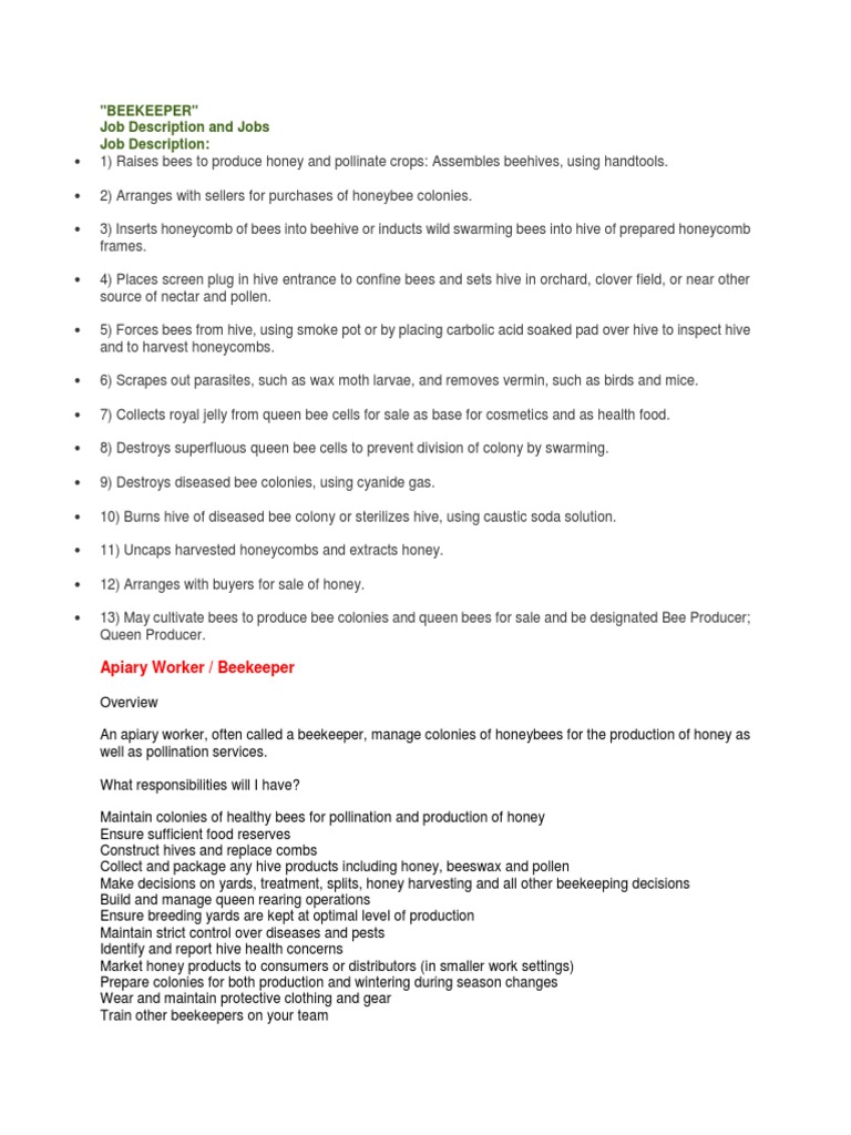 Beekeeper Job Description and Duties | PDF | Beehive | Honey Bee