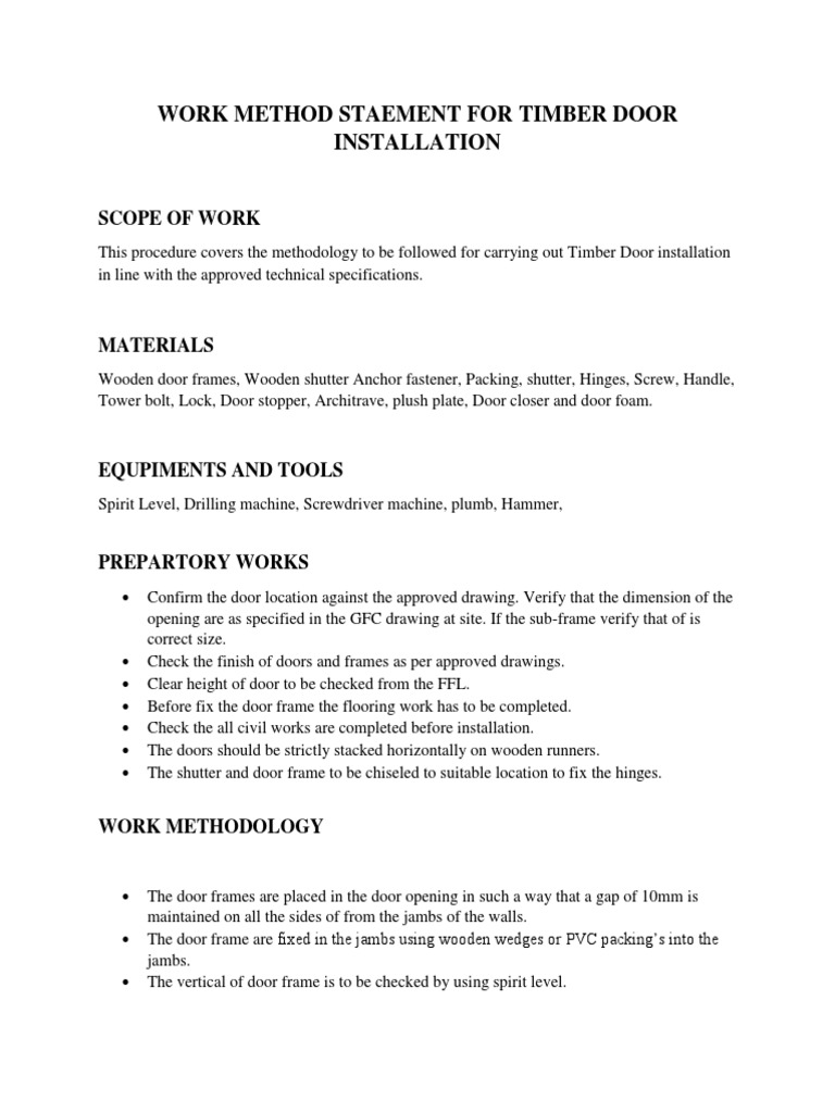 Work Method Statement For Timber Door | PDF | Door | Screw