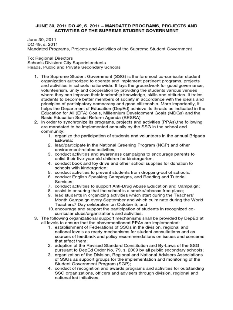 Mandated Program, Project and Activities of SSG | PDF | Government ...