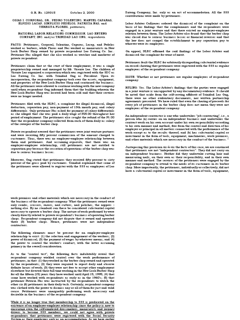 Corporal Vs NLRC Case Digest | PDF | Independent Contractor | Employment