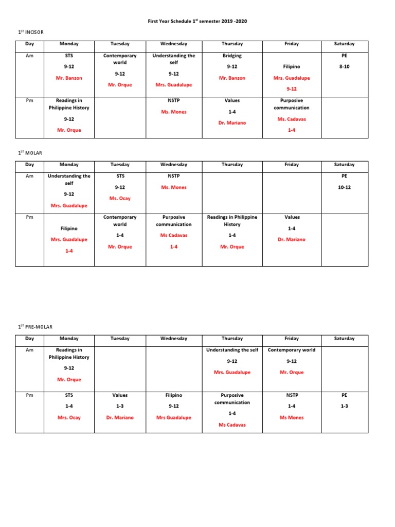 First Year Schedule 1st Semester 2019 Pdf