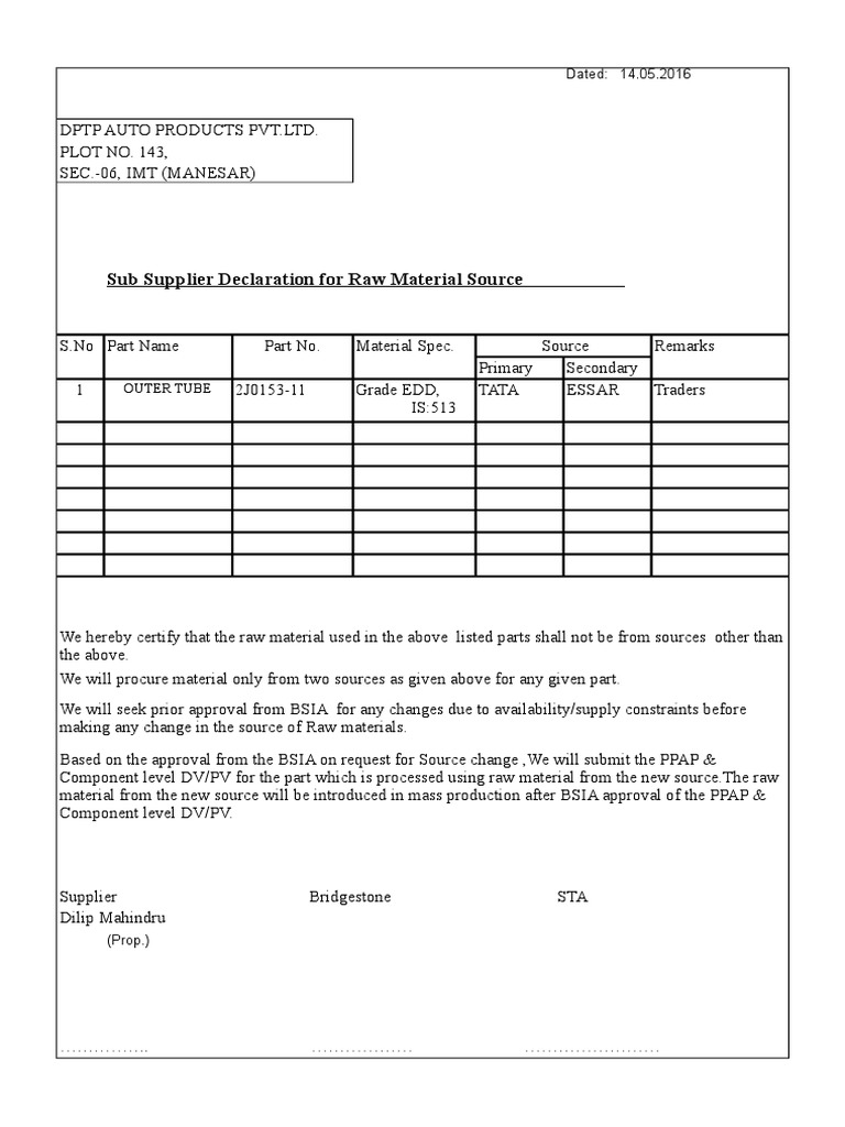 Sub Supplier Declaration For Raw Material Source: Dated: 14.05.2016 ...