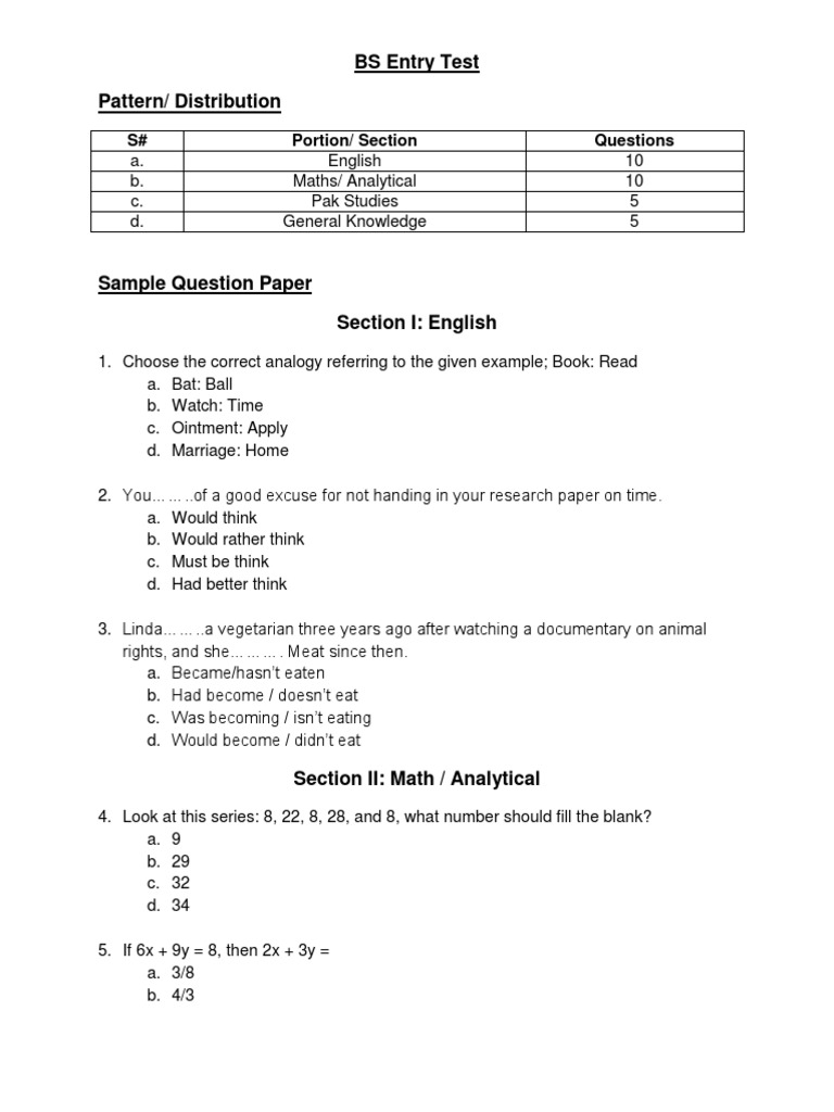 BS Entry Test Pattern/ Distribution: S# Portion/ Section Questions | PDF