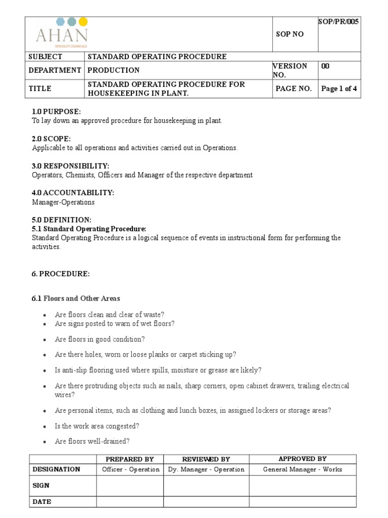 001 SOP For Housekeeping in Plant | PDF | Housekeeping | Fires