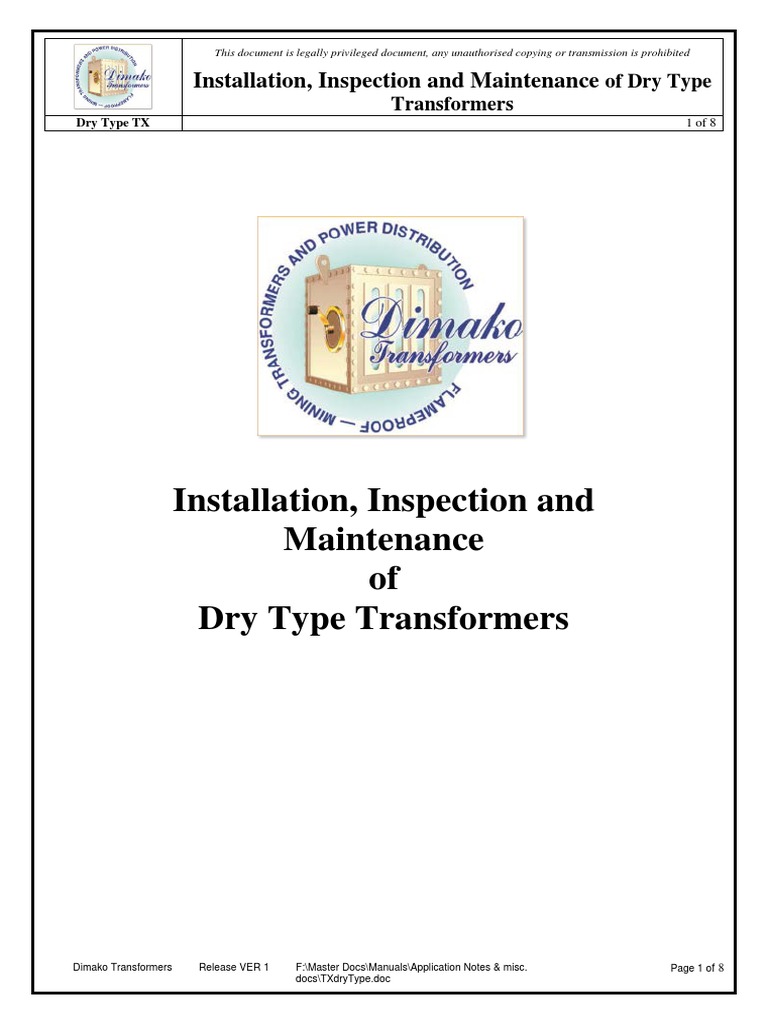 Installation, Inspection and Maintenance of Dry Type Transformers ...