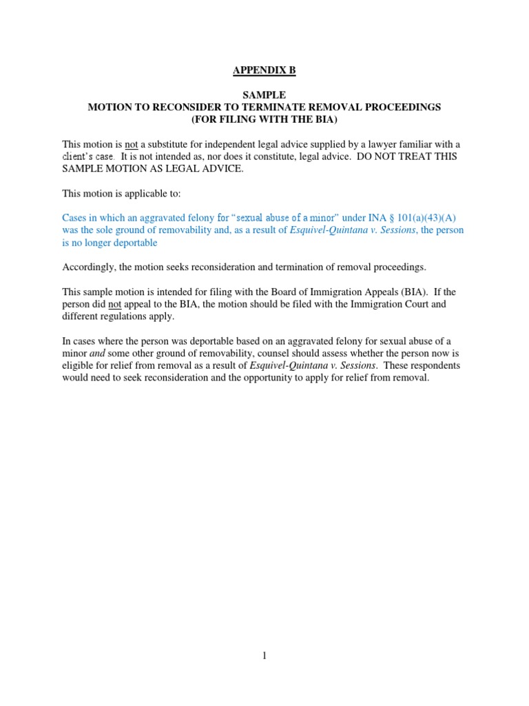 Appendix B Sample Motion | PDF | Removal Proceedings | Aggravated Felony