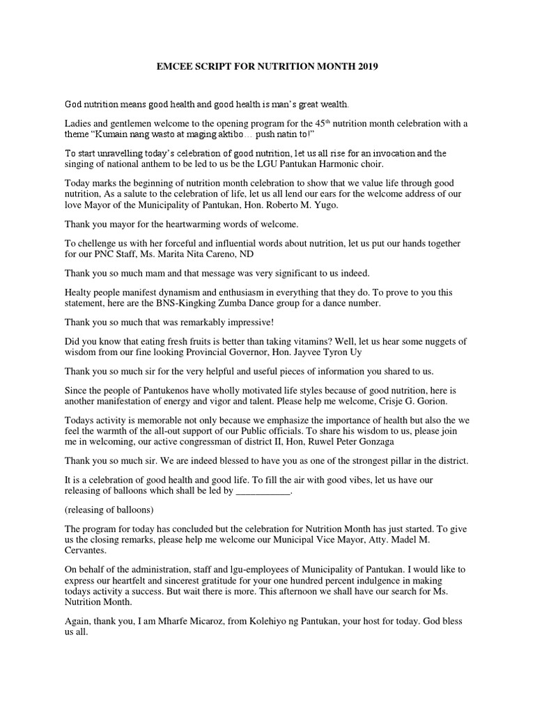 Emcee Script For Nutrition Month 2019 | PDF | Wellness | Medical