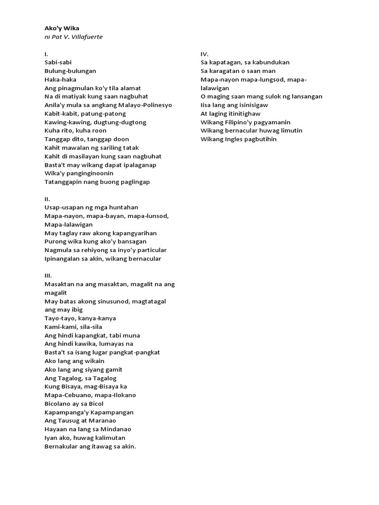 Ako'y Wika Ni Pat Villafuerte (Sabayang Pagbigkas) | PDF