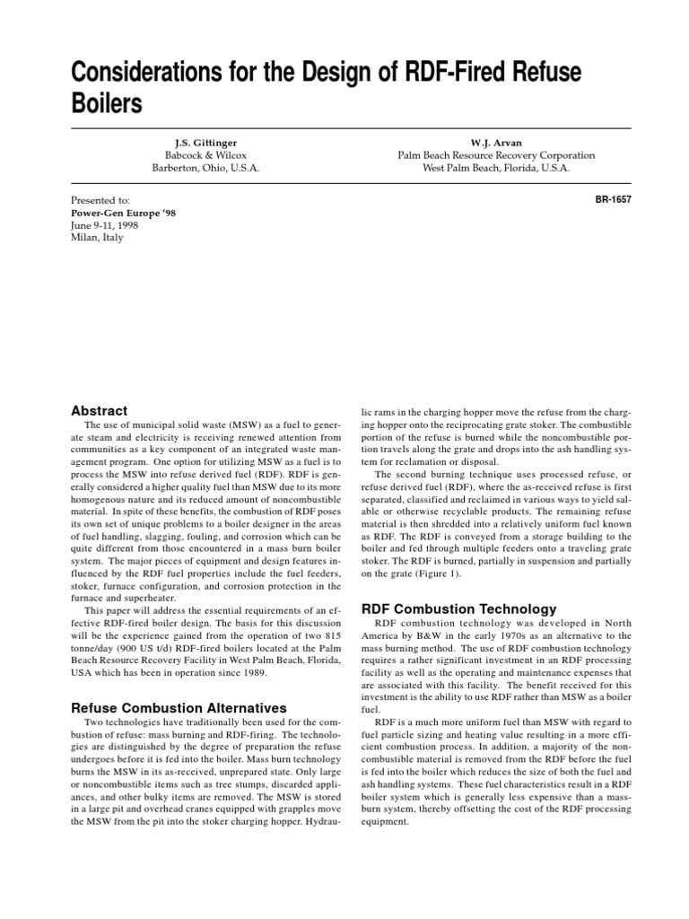 Design of RDF Refuse Fired Boilers B&W - BR1657 - !998 | PDF | Boiler ...