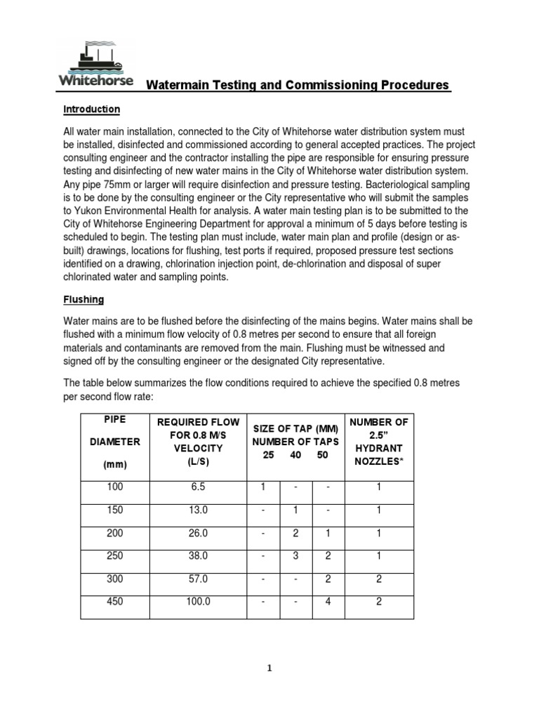 Watermain Testing and Commissioning Procedures | PDF | Water Supply ...