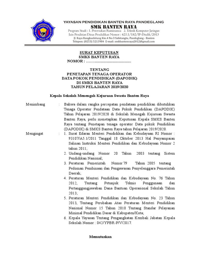 Contoh SK Operator Sekolah-Dikonversi | PDF | Bisnis