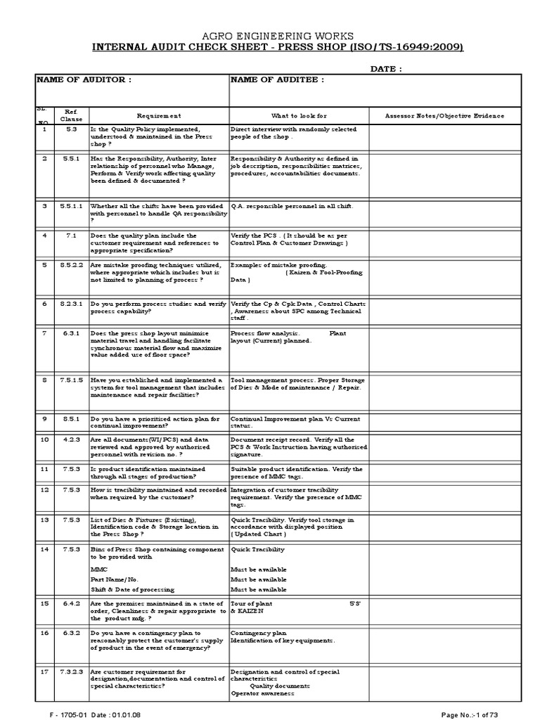 F-1705 Internal Audit Check List | PDF | Audit | Quality Assurance