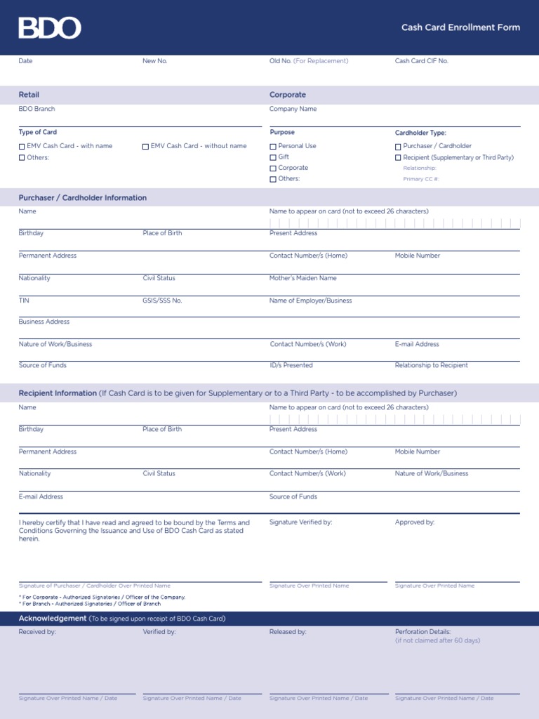Retail Corporate: Cash Card Enrollment Form | PDF | Automated Teller ...