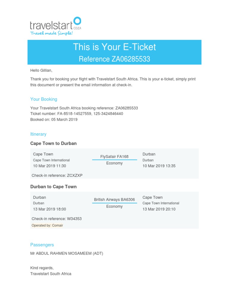 This Is Your E-Ticket: Reference ZA06285533 | PDF