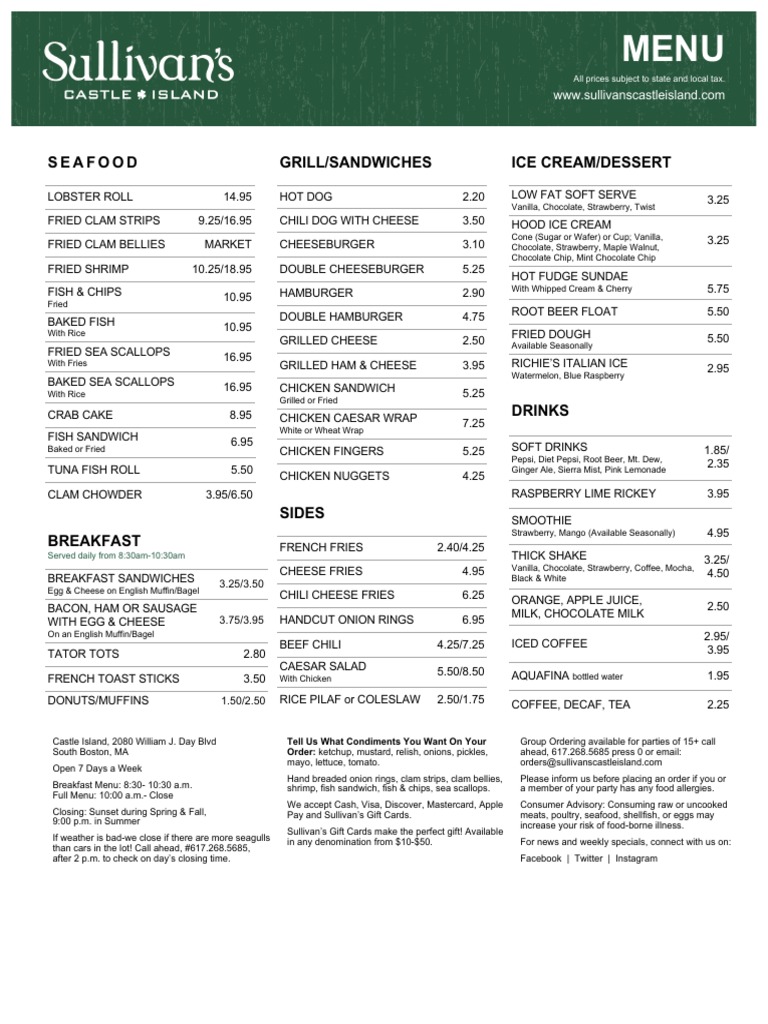 Sullivans CastleIsland 2019menu | PDF | Cuisine | Foods