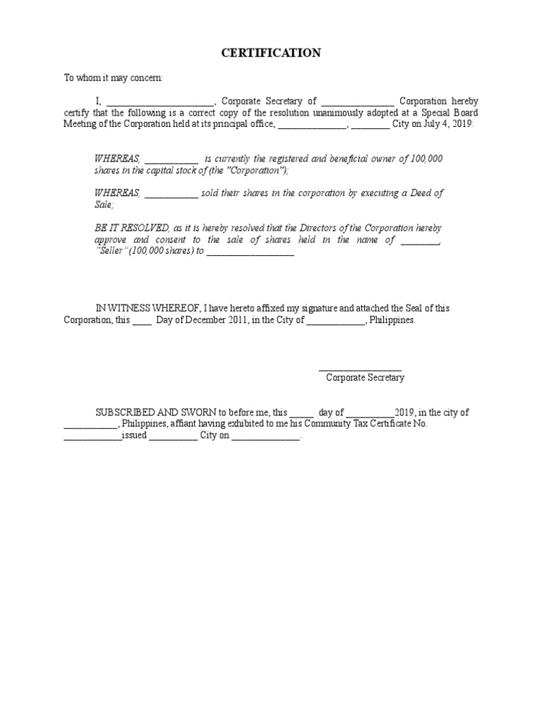 Secretary's Certificate Sample | PDF