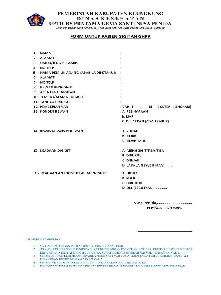 Form Untuk Pasien Gigitan GHPR | PDF