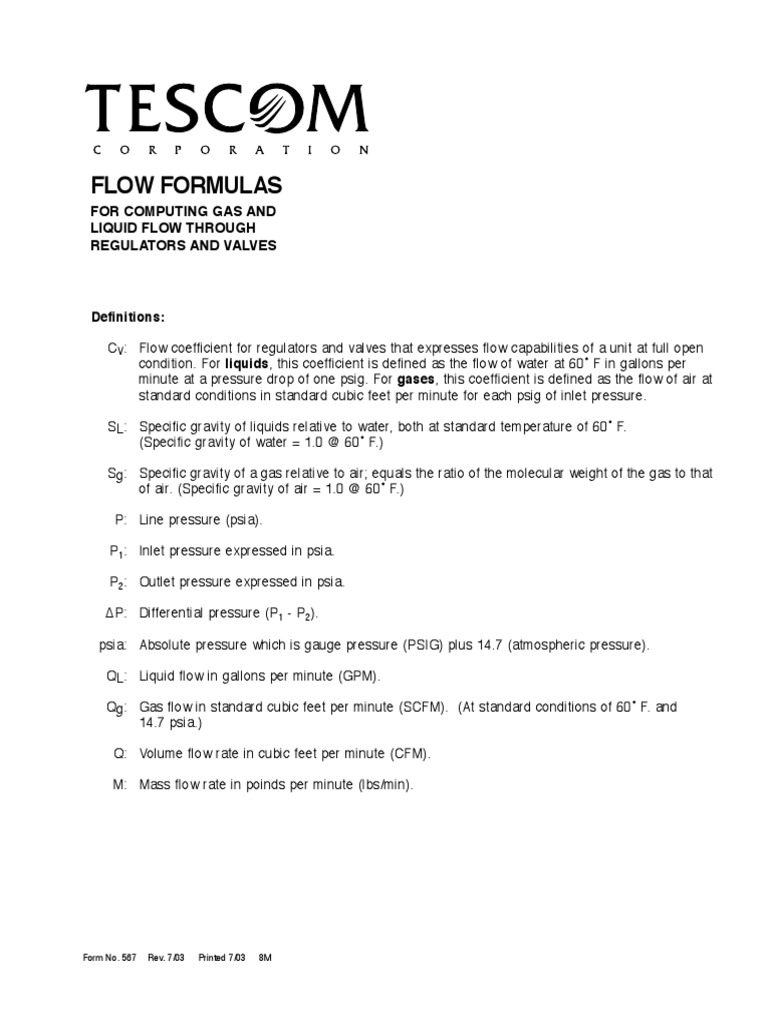 Flow Formulas: For Computing Gas and Liquid Flow Through Regulators and ...