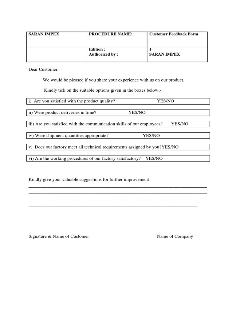 Customer Feedback Form for Saran Impex | PDF
