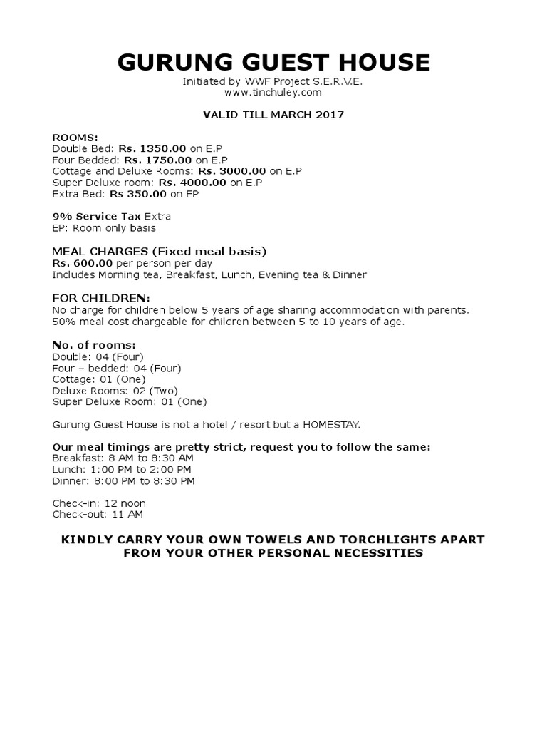 Gurung Guest House: MEAL CHARGES (Fixed Meal Basis) | PDF