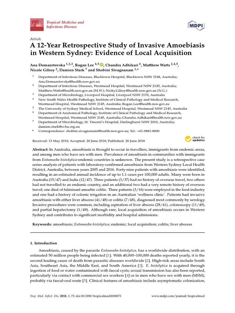 A 12-Year Retrospective Study of Invasive Amoebiasis in Western Sydney ...