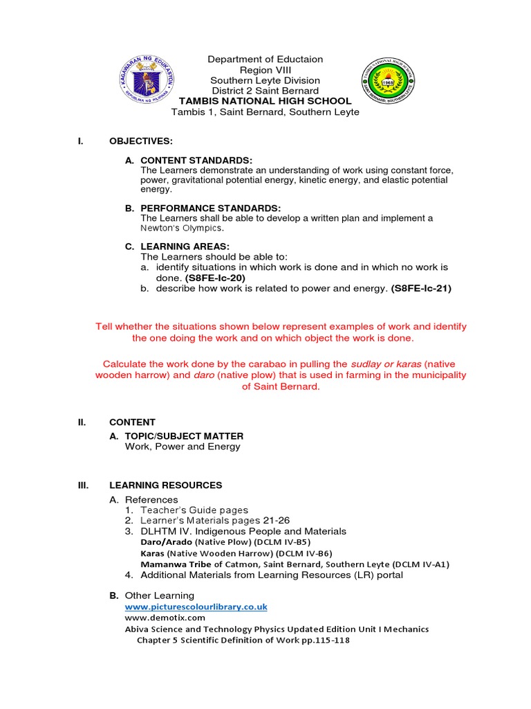 Contextualized Lesson Plan Work Pdf Force Mass