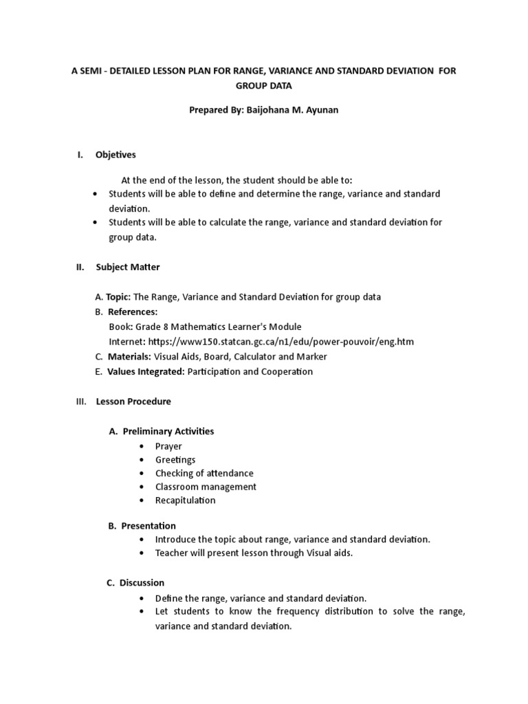 Lesson Plan Pdf Standard Deviation Variance 8610