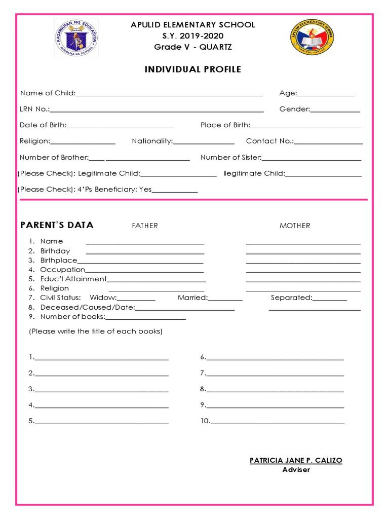 Individual Profile: Apulid Elementary School S.Y. 2019-2020 Grade V ...