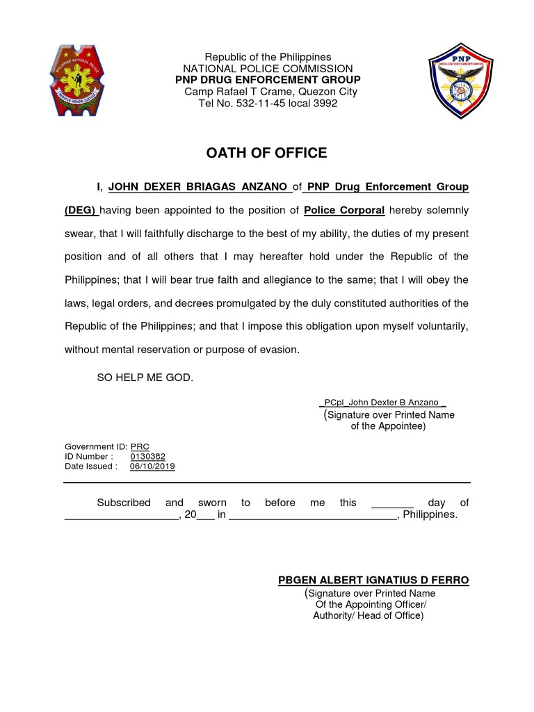 Oath of Office: PNP Drug Enforcement Group | PDF