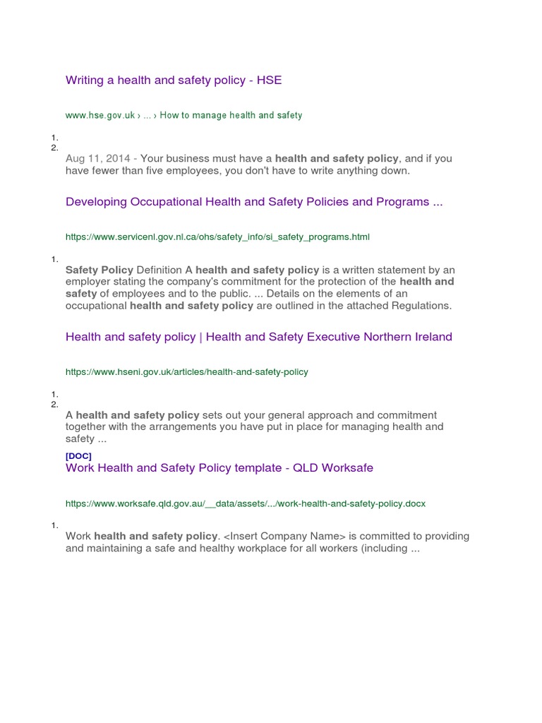 Writing A Health and Safety Policy - HSE | PDF