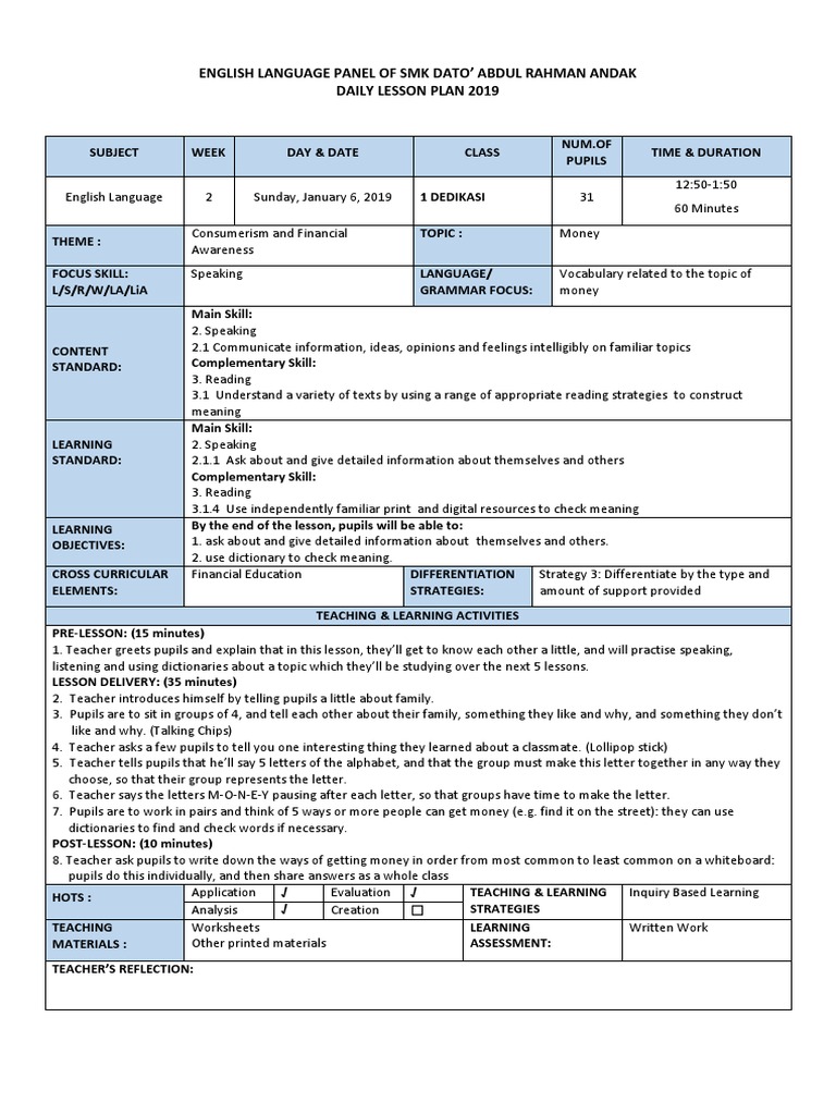 English Language Panel of SMK Dato' Abdul Rahman Andak Daily Lesson ...