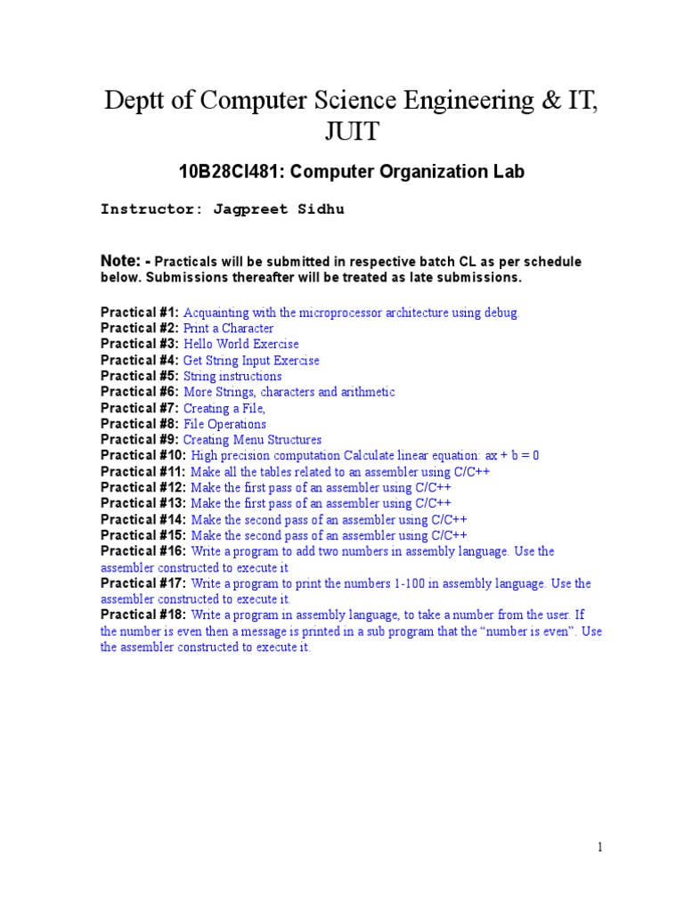 Deptt of Computer Science Engineering & IT, Juit: 10B28CI481: Computer Organization Lab | PDF ...