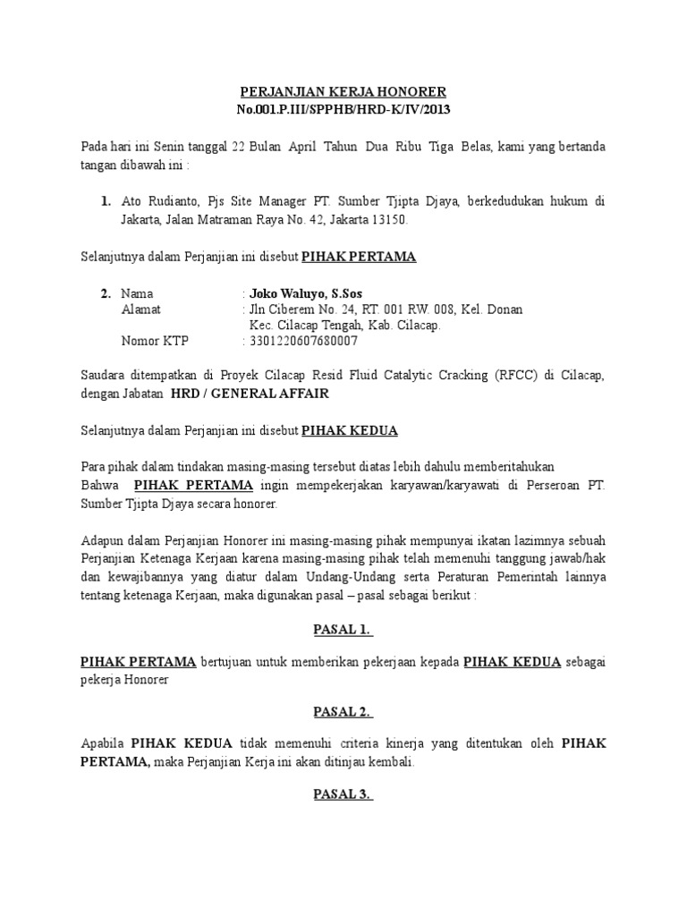 Perjanjian Kerja Honorer Contoh | PDF